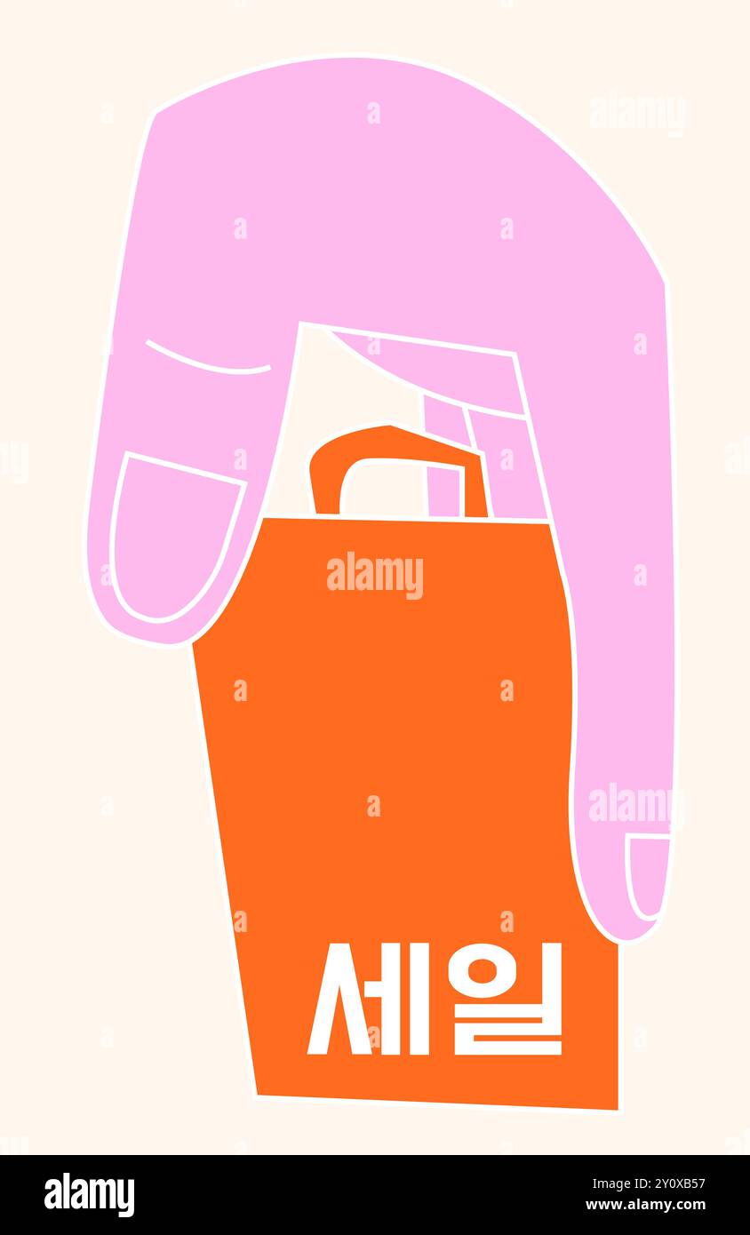 Vector illustration. Hands hold shopping bag with Sale in Korea ...