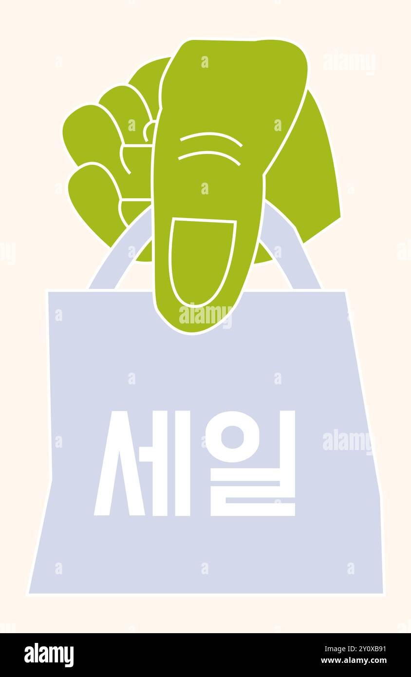 Vector illustration. Hands hold shopping bag marked Sale in Korean ...