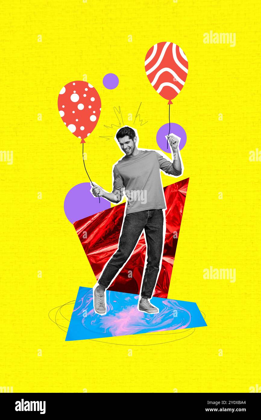 Vertical photo collage of happy guy hold air balloon string colorful ...