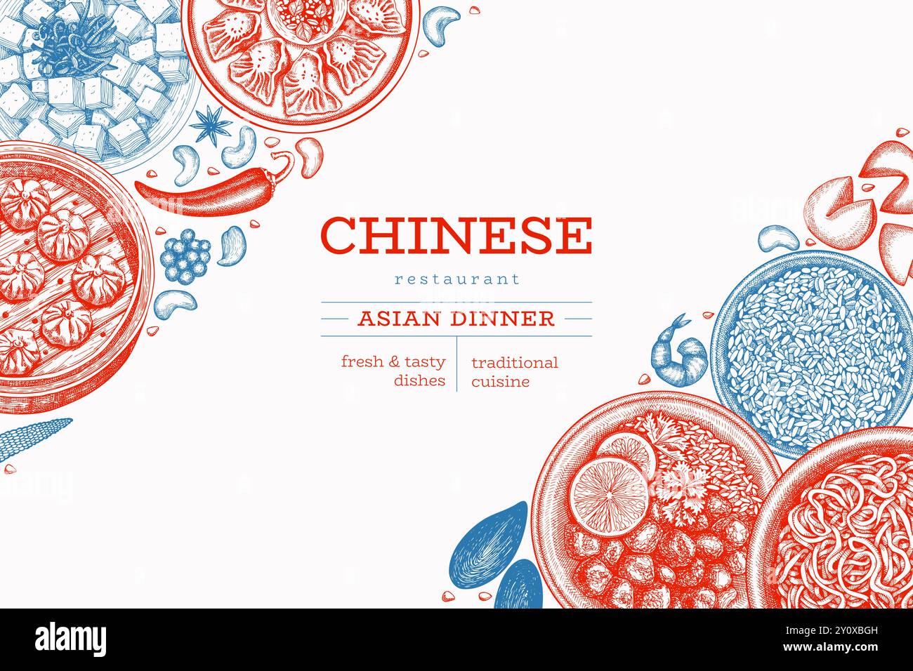 Chinese Cuisine Design Template. Vector Hand Drawn Asian Food Banner ...