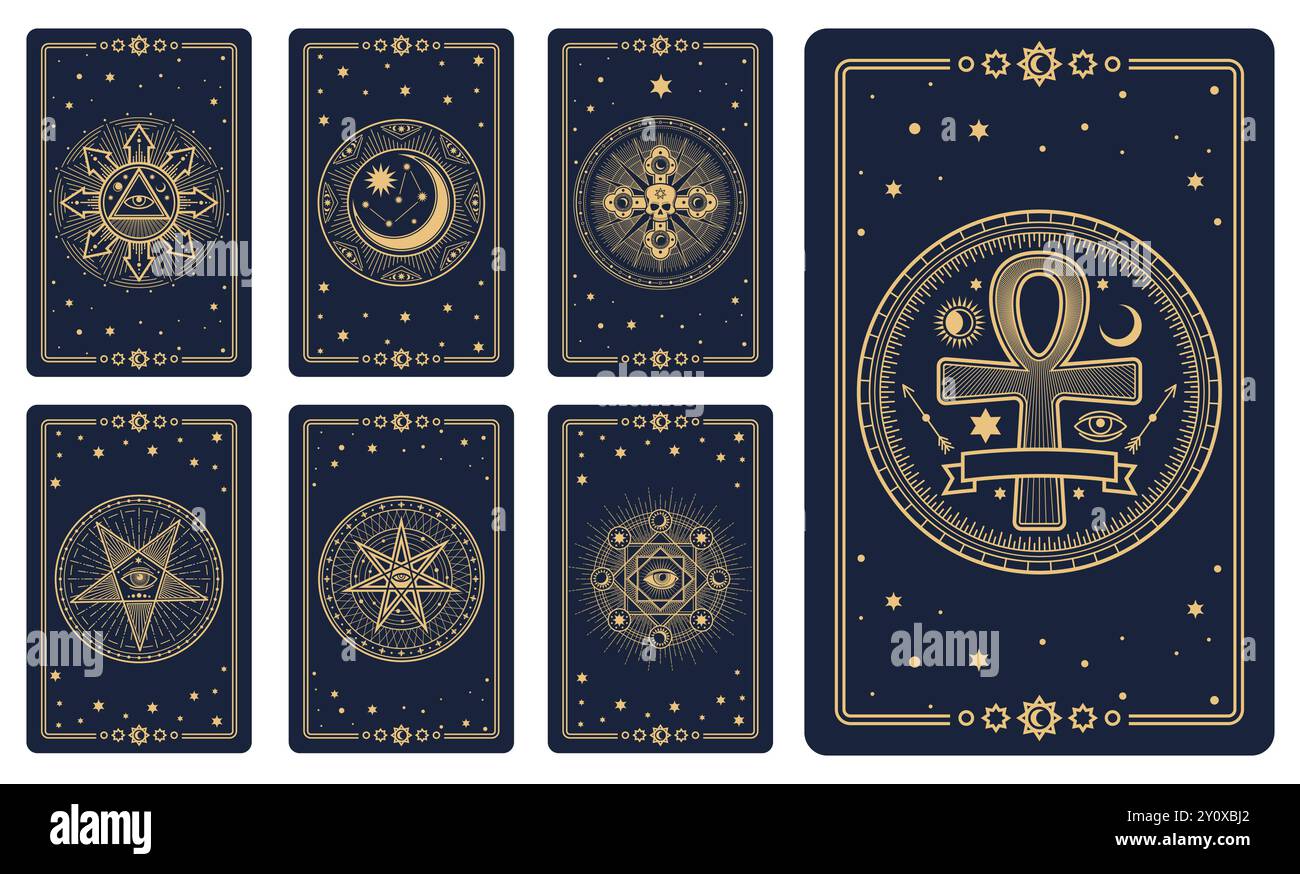 Tarot cards covers with magic esoteric signs and mystic occult symbols ...
