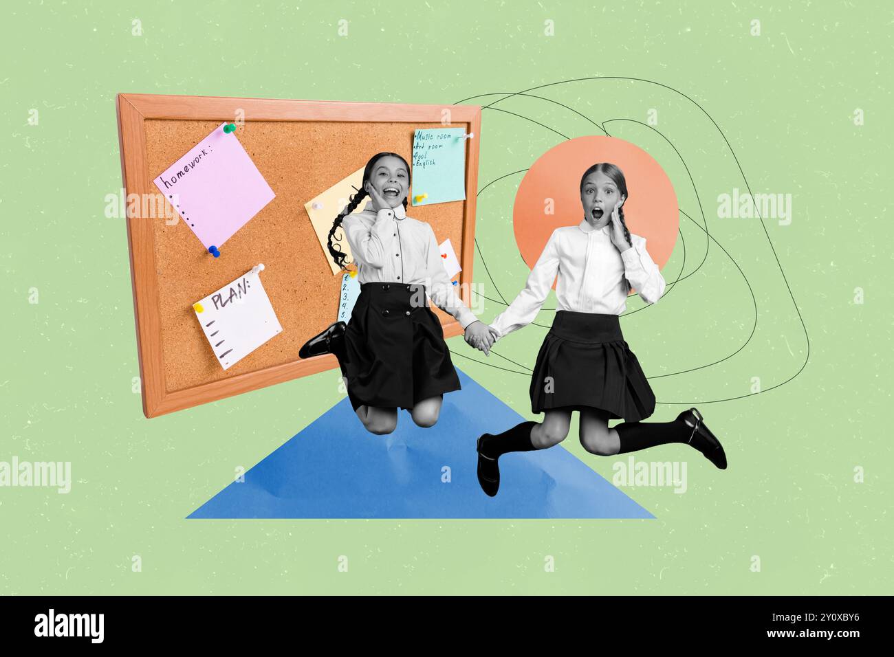 Collage image retro sketch of funny girls jump have fun school day ...