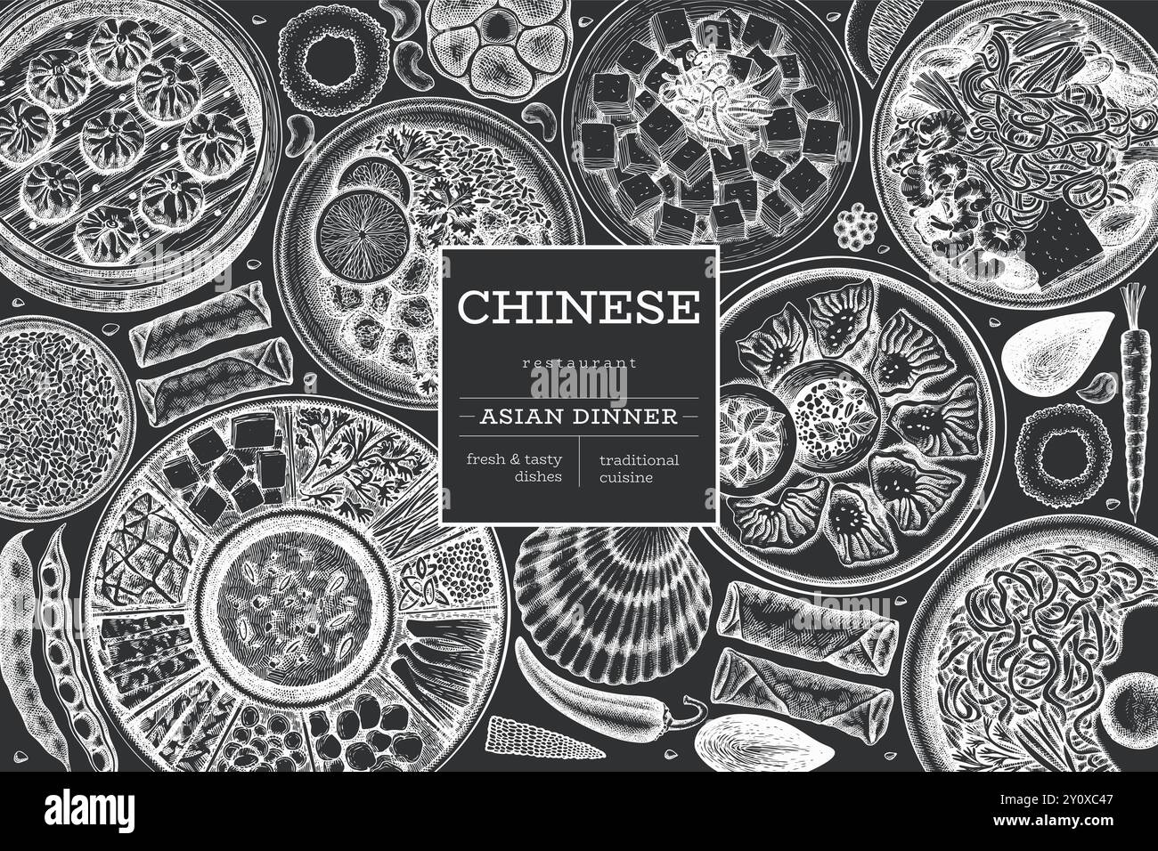 Chinese Cuisine Chalk Board Design Template. Vector Hand Drawn Asian ...