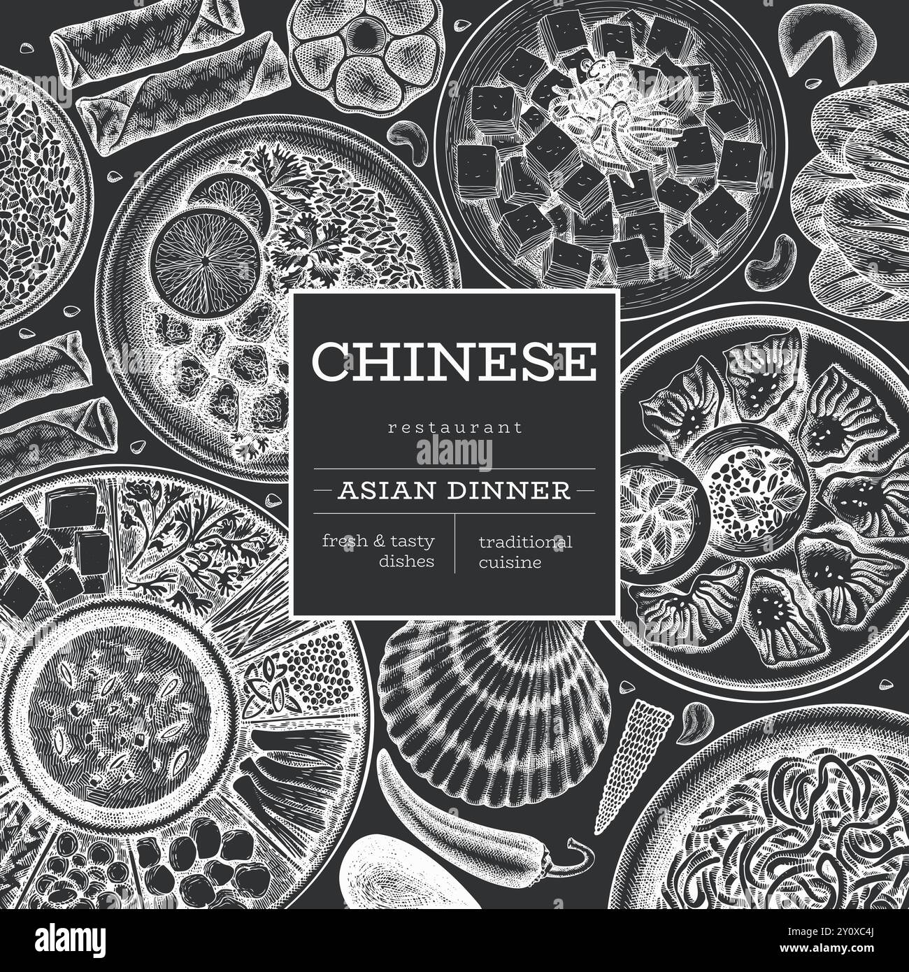 Chinese Cuisine Chalk Board Design Template. Vector Hand Drawn Asian ...