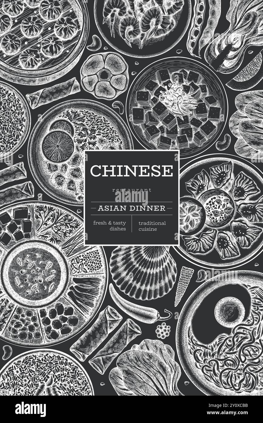 Chinese Cuisine Chalk Board Design Template. Vector Hand Drawn Asian ...