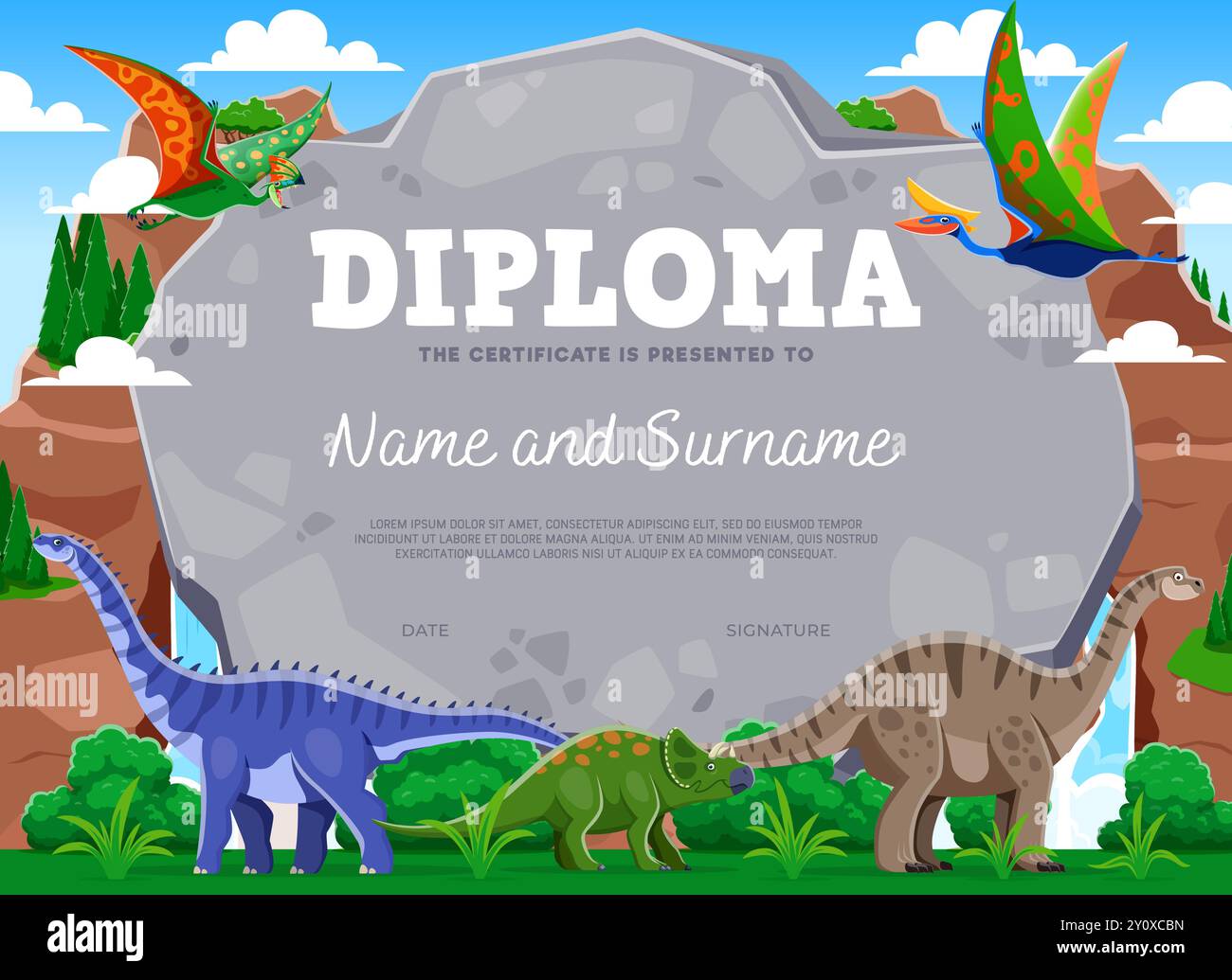 Kids diploma with prehistoric dinosaur characters and funny dino ...