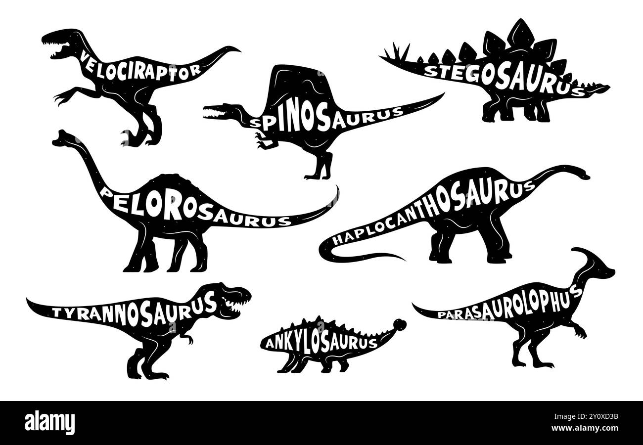 Dinosaurs silhouettes with lettering dino names of Jurassic era lizards ...