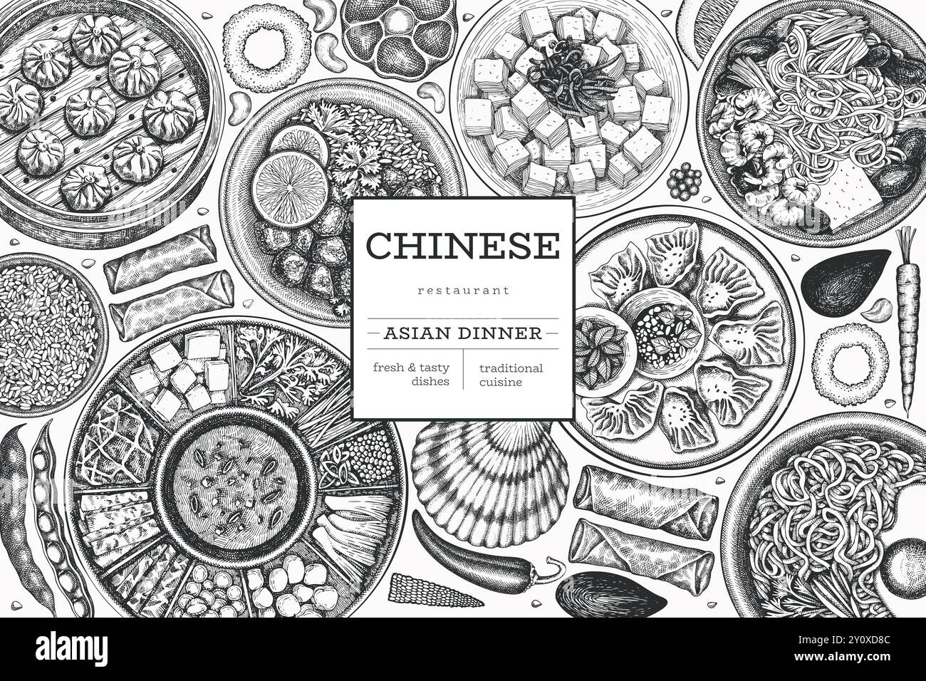 Chinese Cuisine Design Template. Vector Hand Drawn Asian Food Banner ...