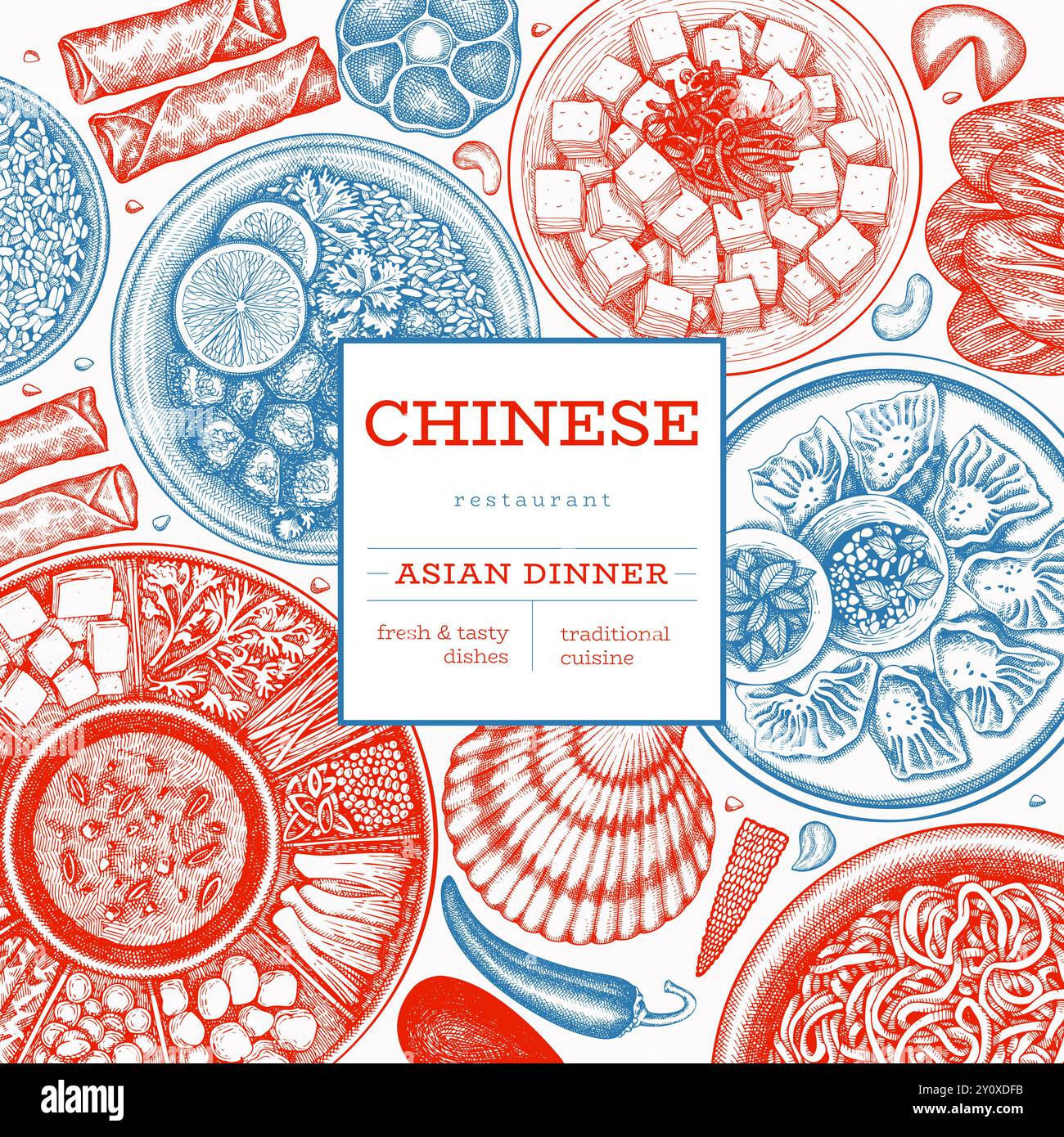 Chinese Cuisine Design Template. Vector Hand Drawn Asian Food Banner ...
