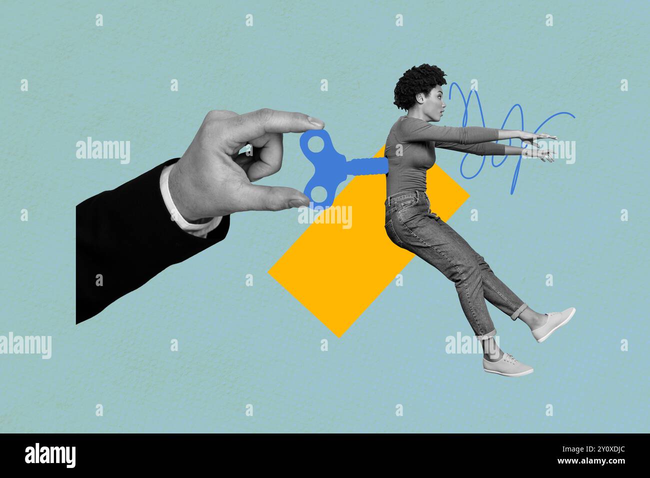 Creative collage picture young girl motor mechanic robot key start ...