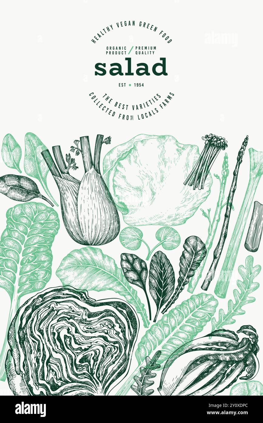 Green Vegetable Design Template. Vector Hand Drawn Healthy Leaf Salad ...