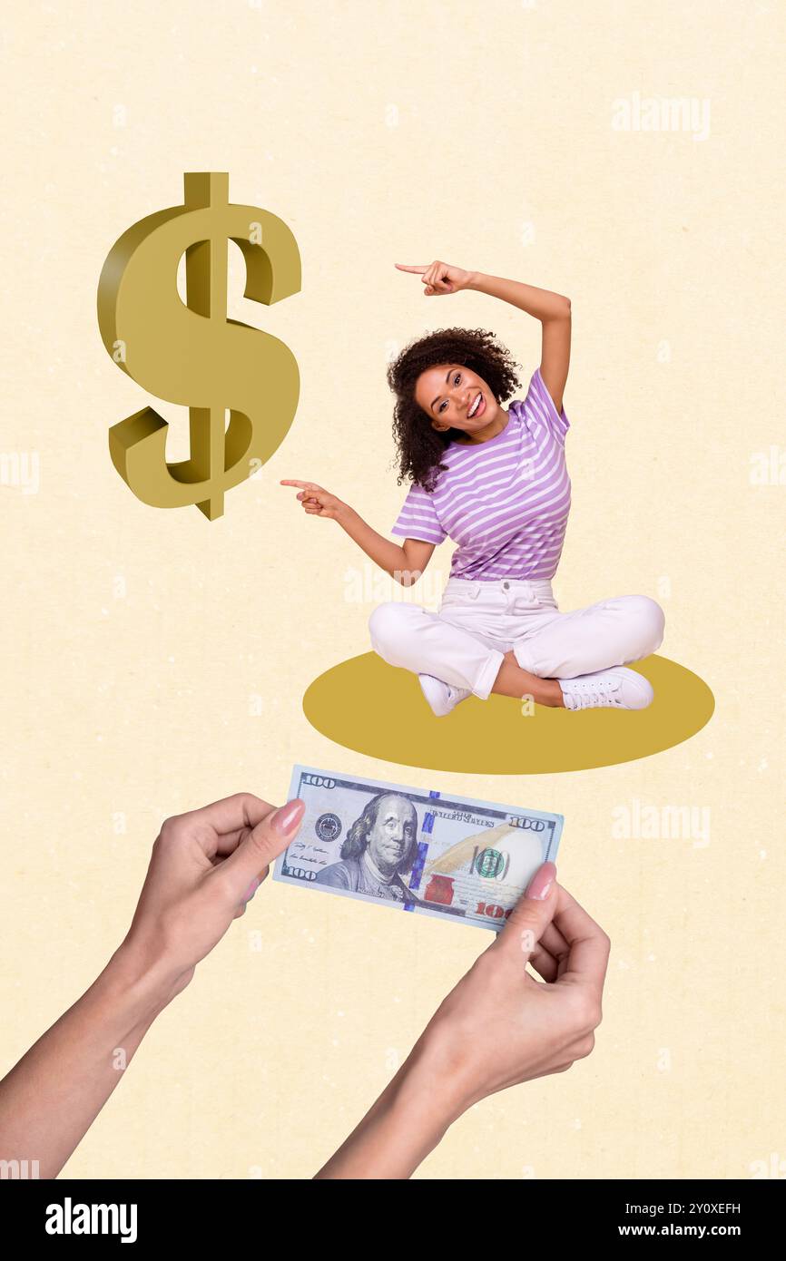 Vertical poster collage young cheerful woman currency money cash ...