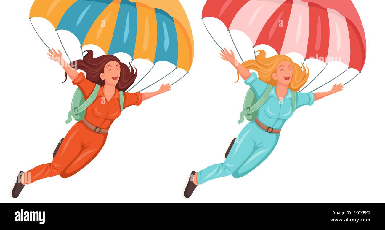 Vector set of clipart happy women jumping with parachute isolated from ...