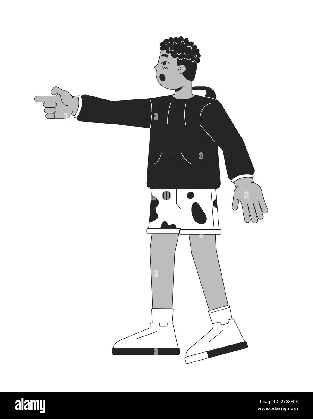 African american boy pointing finger black and white 2D line cartoon ...