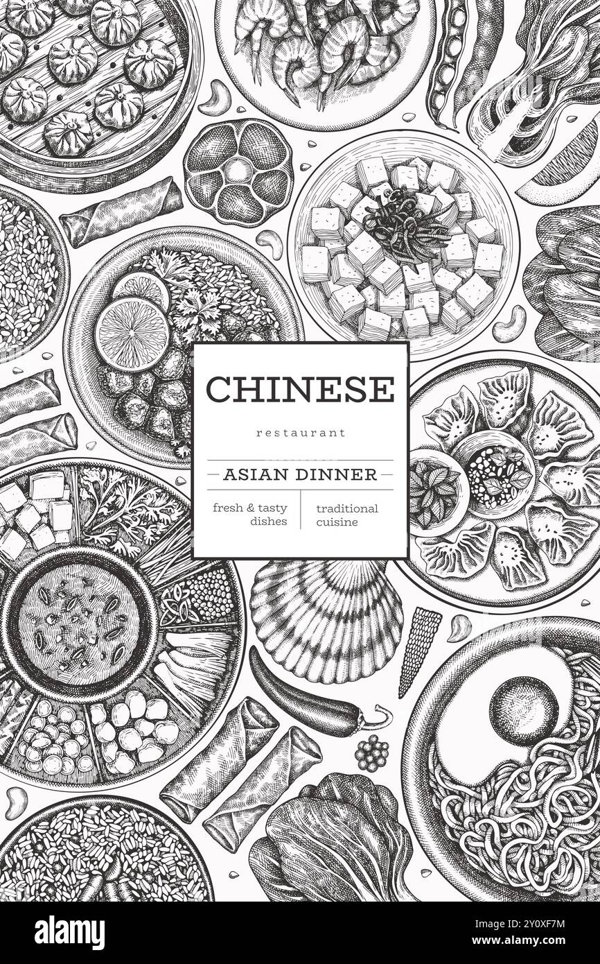 Chinese Cuisine Design Template. Vector Hand Drawn Asian Food Banner ...
