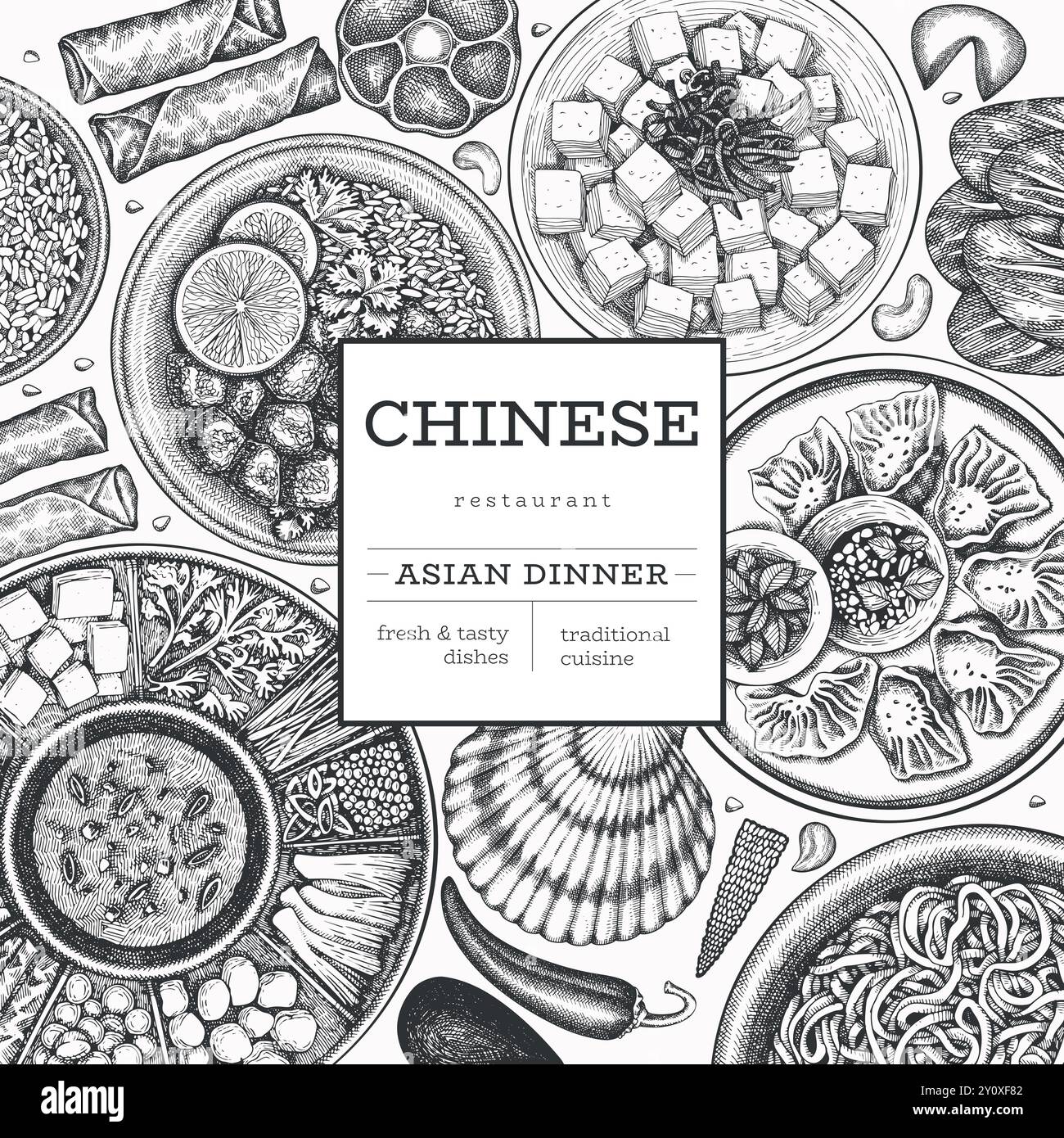 Chinese Cuisine Design Template. Vector Hand Drawn Asian Food Banner ...