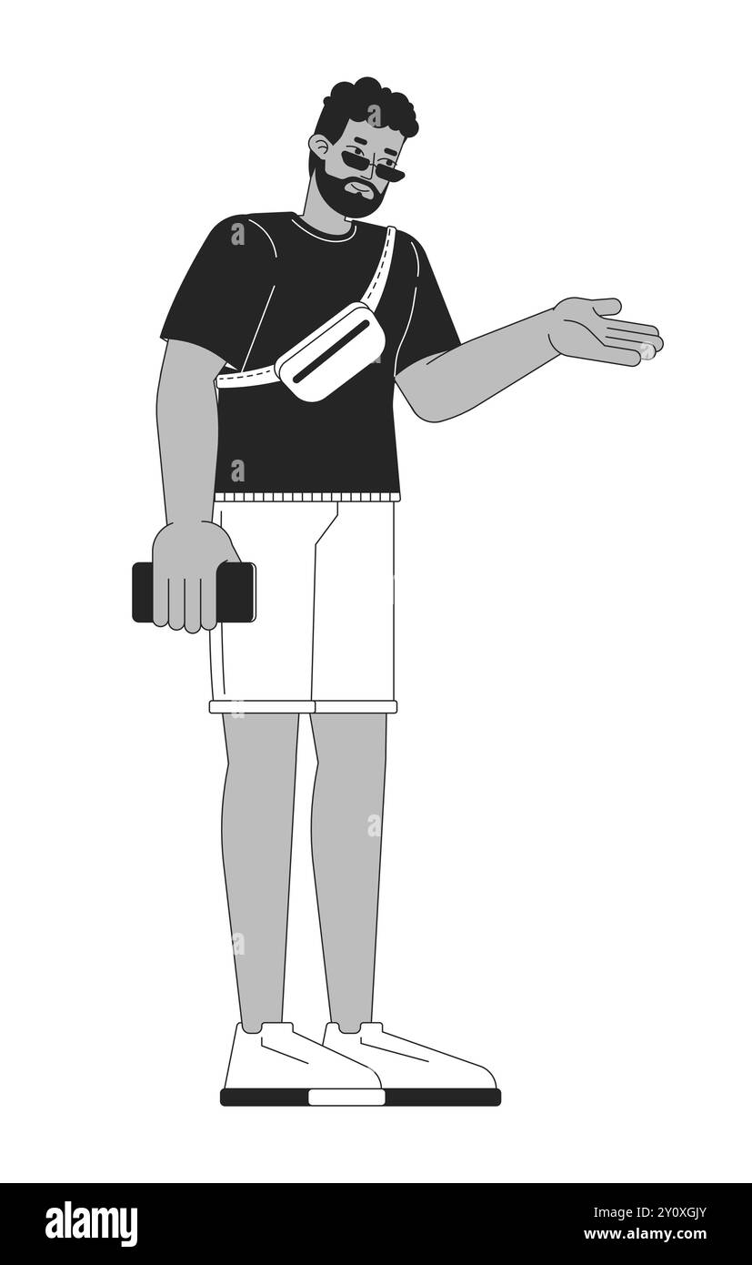 Summer tourist black man holding phone black and white 2D line cartoon character Stock Vector ...