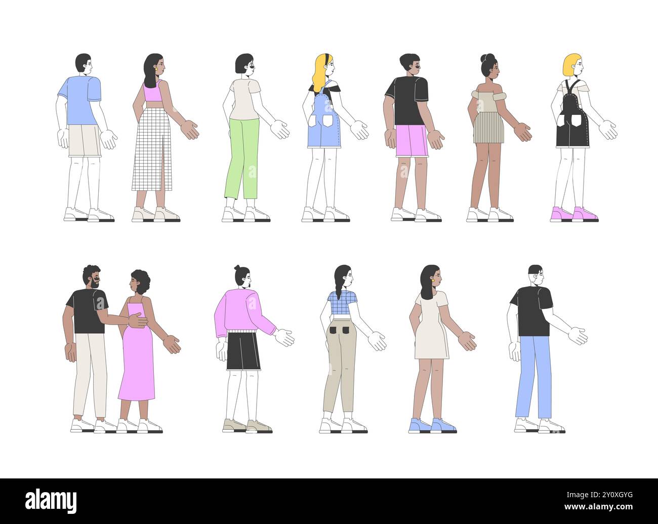 Standing back view multicultural adults 2D linear cartoon characters ...