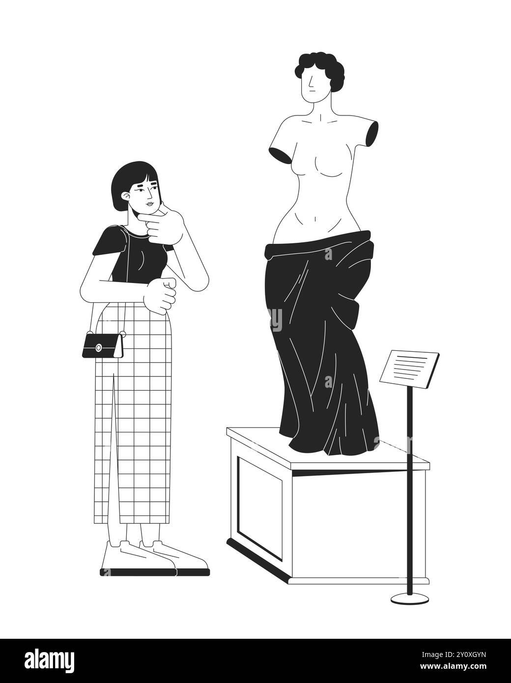 Korean woman watching on greek female statue black and white 2D line cartoon character Stock ...