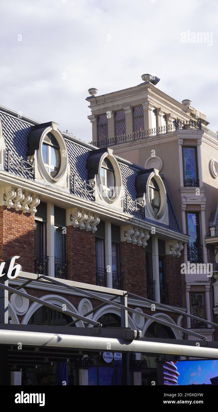 A close-up of elegant, European-style architecture featuring round ...