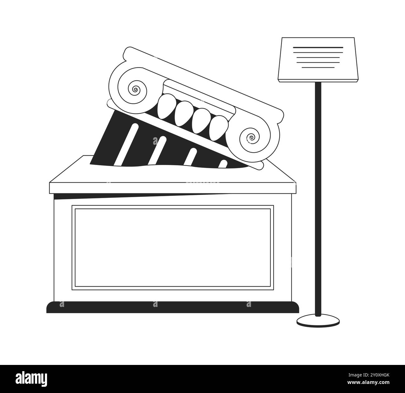 Ancient broken column exhibit black and white 2D line cartoon object ...