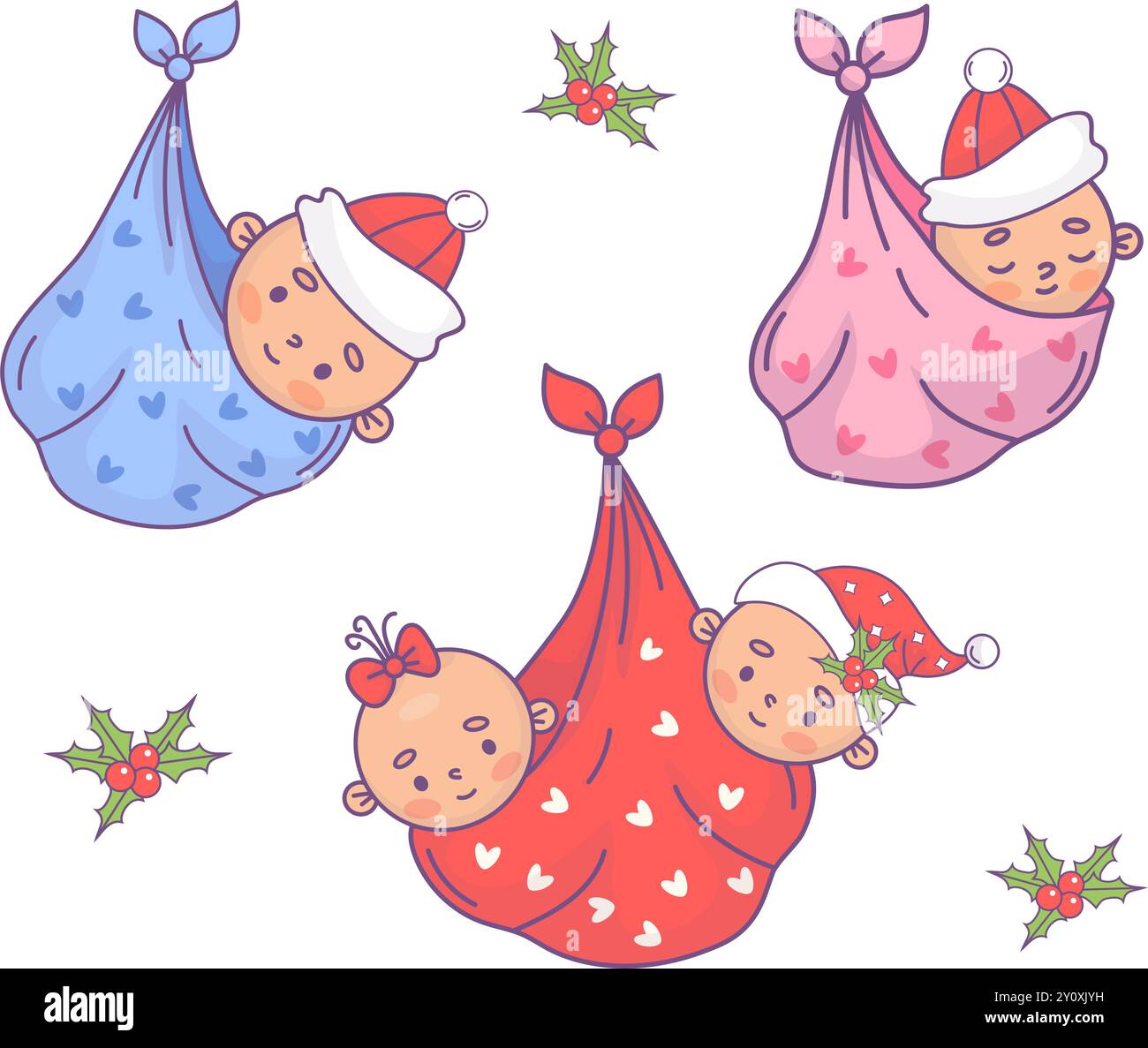 Christmas newborn. Cute festive babies twin, girl and boy in Santa hat ...