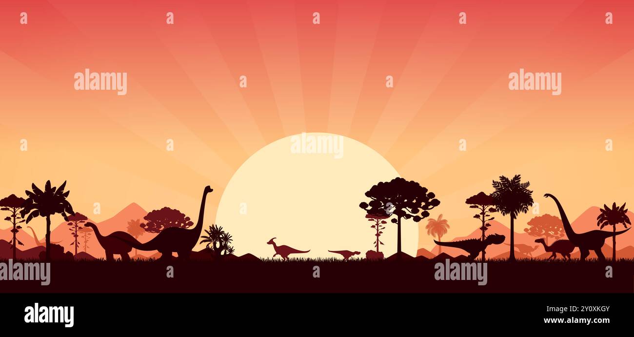 Prehistoric dinosaur silhouettes at sunset sky with mountains and trees ...