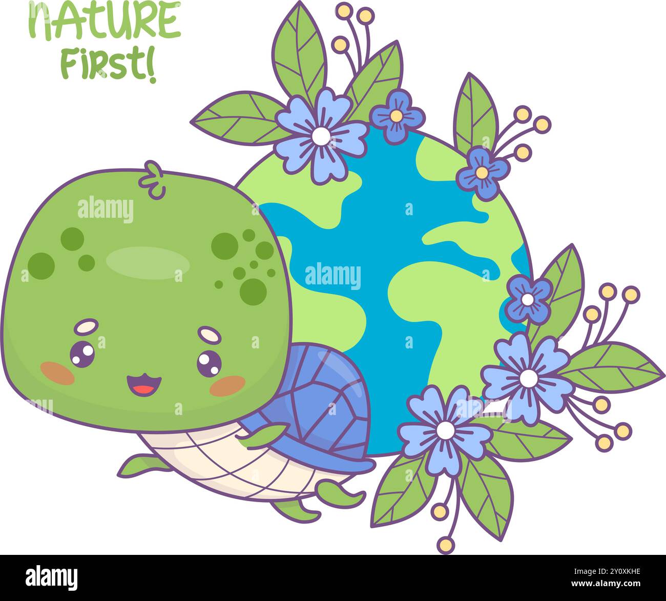 Cute turtle with green planet Earth and flowers. Funny cartoon kawaii ...