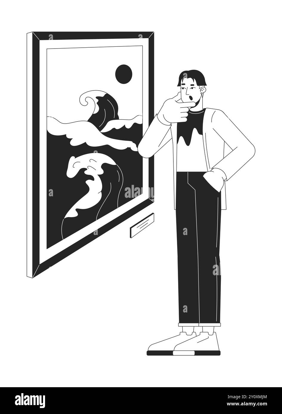 Asian man looking at japanese painting black and white 2D line cartoon ...