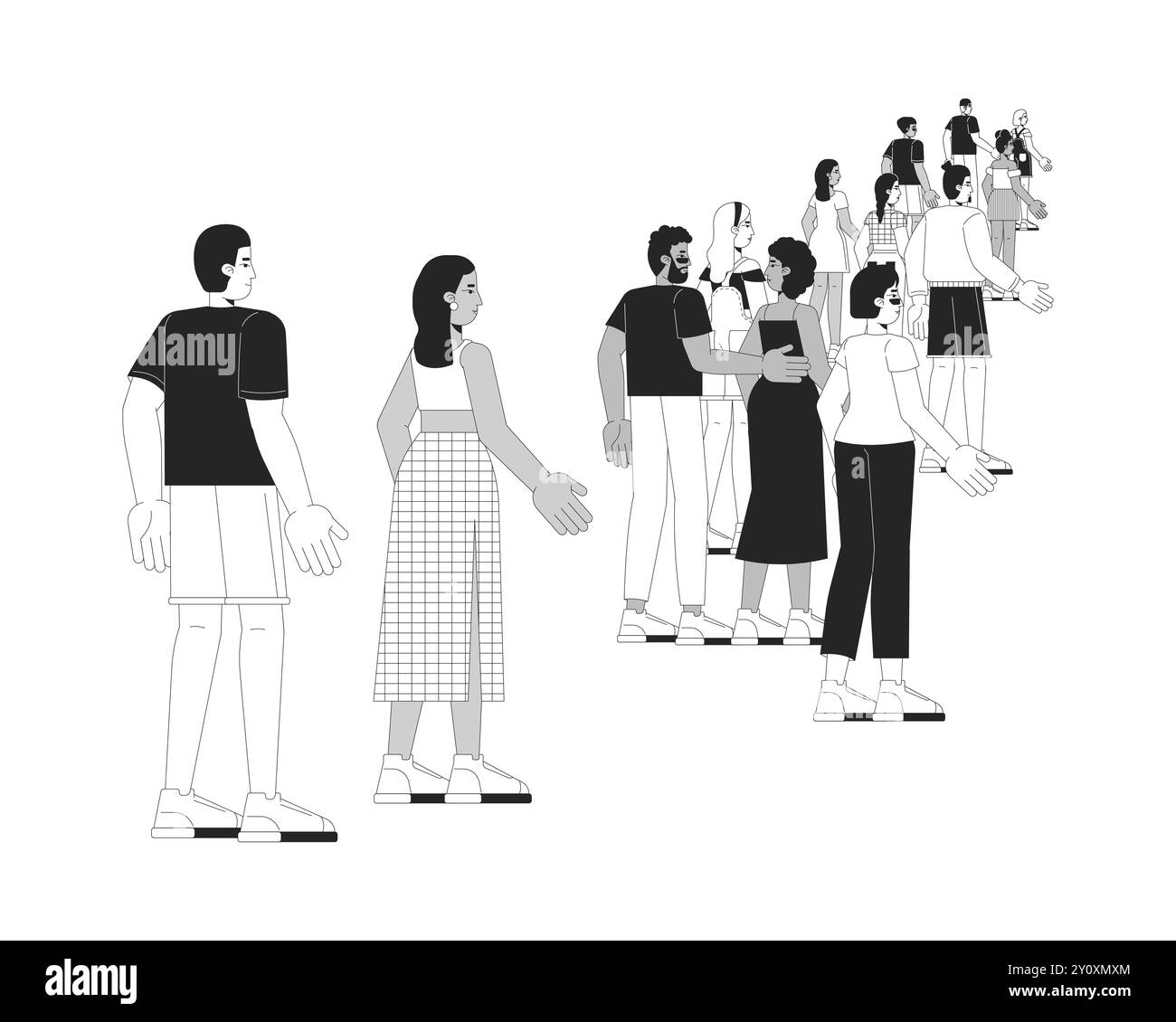 Multicultural people walking strolling black and white 2D line cartoon ...