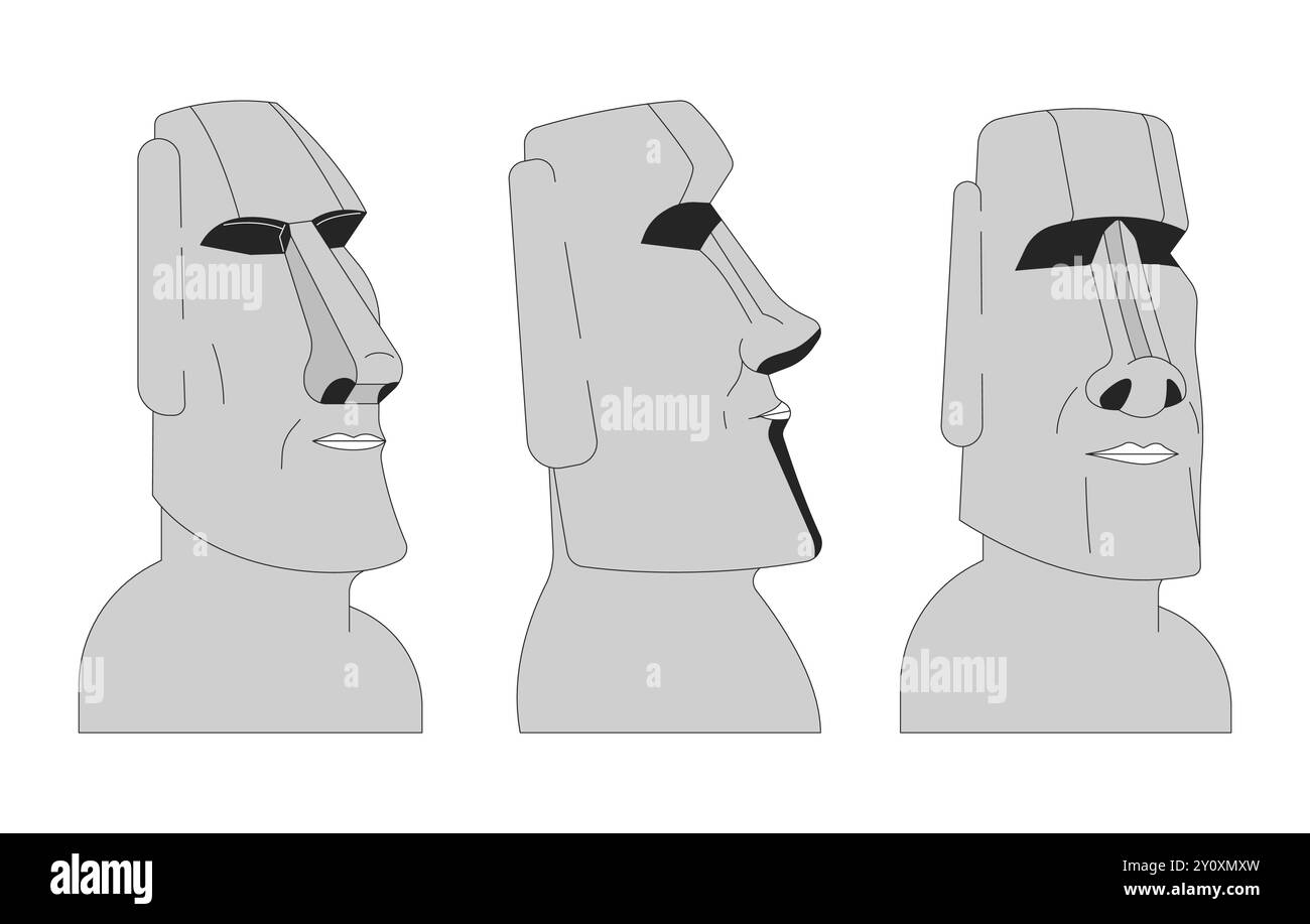 Group of Moai statues black and white 2D line cartoon objects set Stock ...