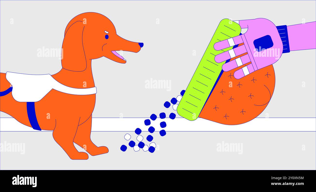 Prosthetic arm pouring food from hat to dog 2D linear illustration ...