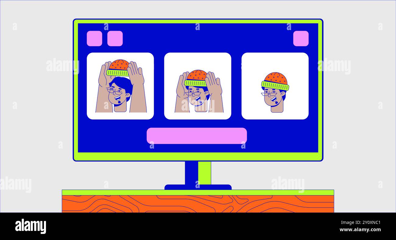 Arab male fashion blogger wearing hat on stream 2D linear illustration ...