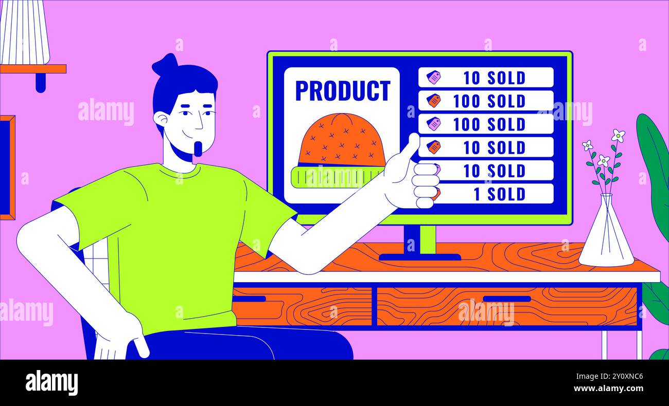 Caucasian man showing thumbs up happy of successful sales 2D linear ...