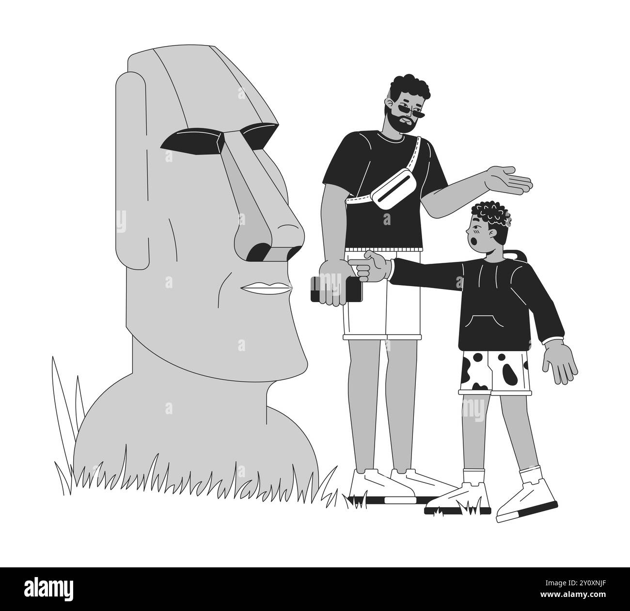 African american son and dad visit moai statue black and white 2D line cartoon characters Stock ...