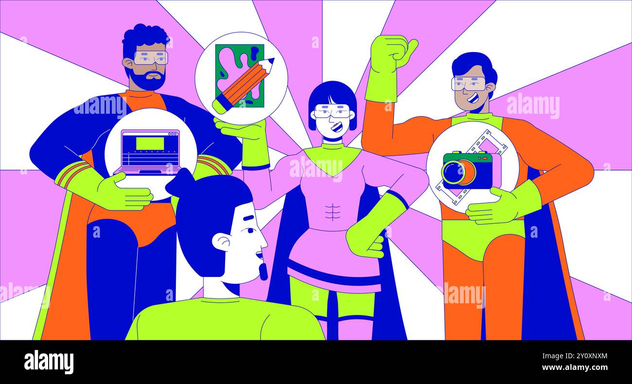 Multiracial superheroes team helping caucasian man to find hobby 2D ...