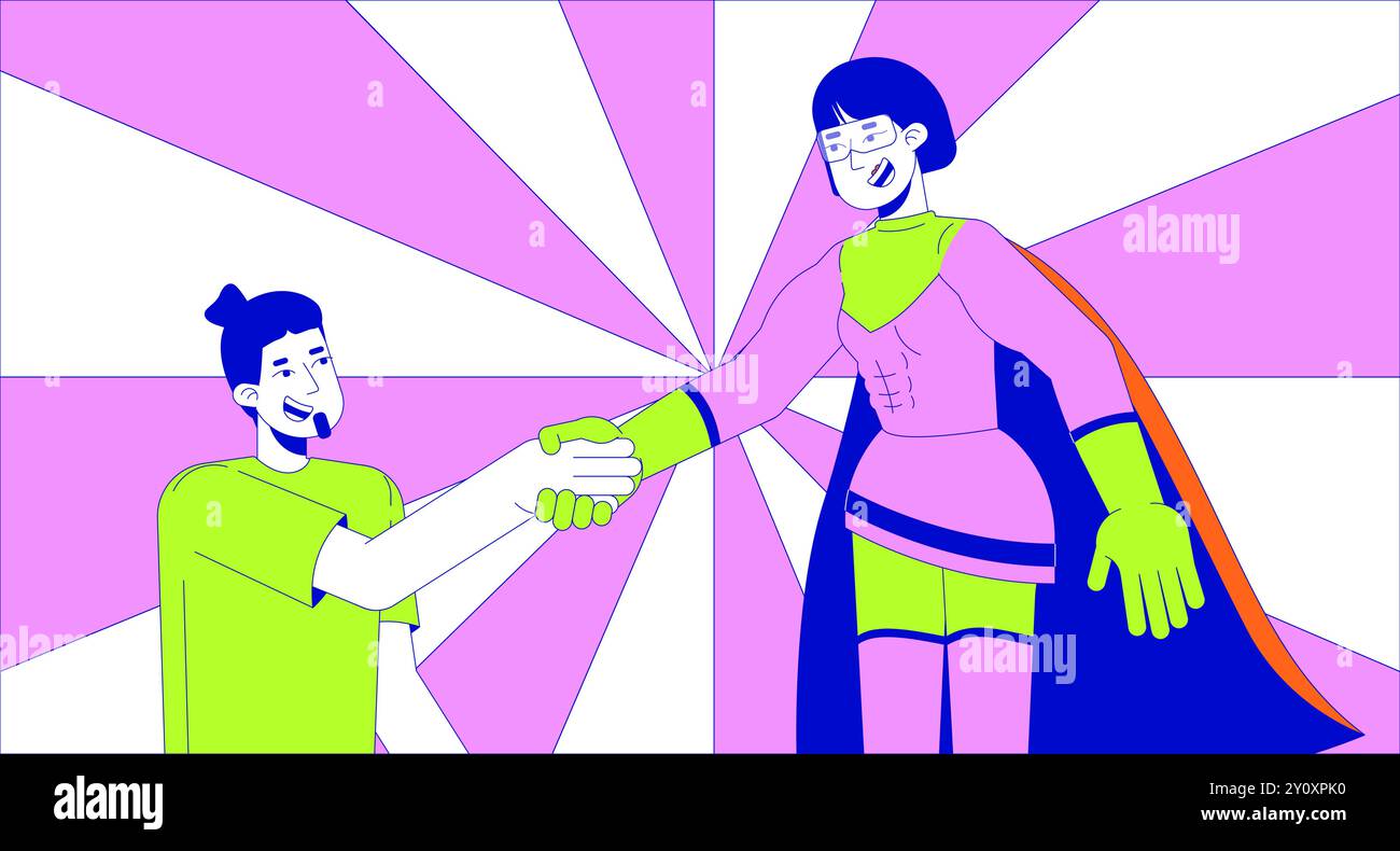 Asian woman hero giving helping hand to caucasian man 2D linear ... Asian woman hero giving helping hand to caucasian man 2D linear ...