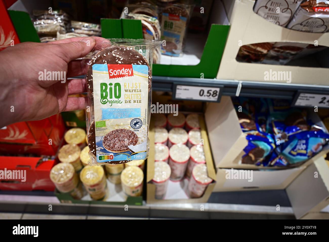 Bio label chocolate rice waffle in a store Stock Photo - Alamy
