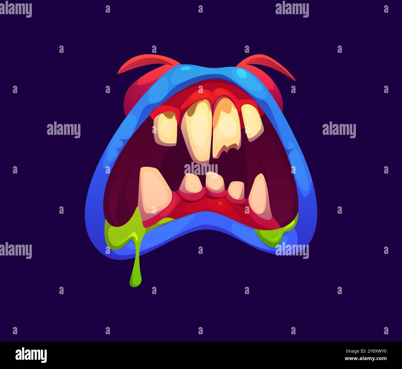 Halloween monster wide-open mouth with drool jaws, dripping saliva and exaggerated sharp teeth ...