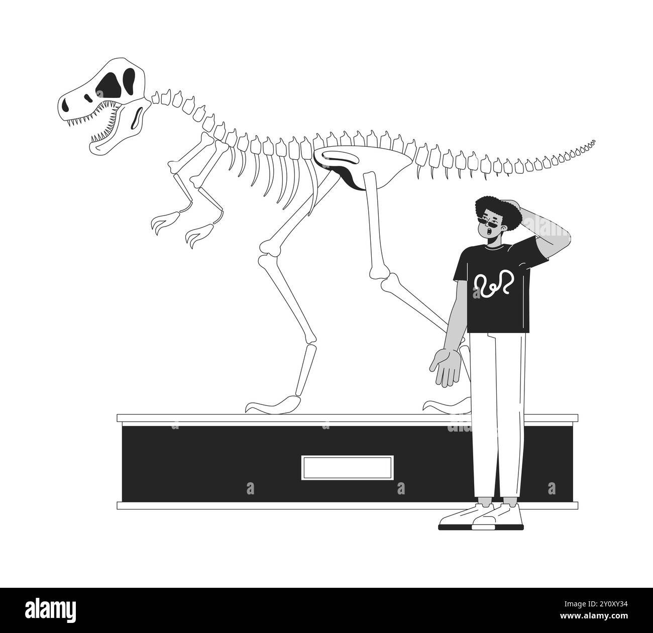 Hispanic man looking at tyrannosaurus rex fossil exhibit black and ...