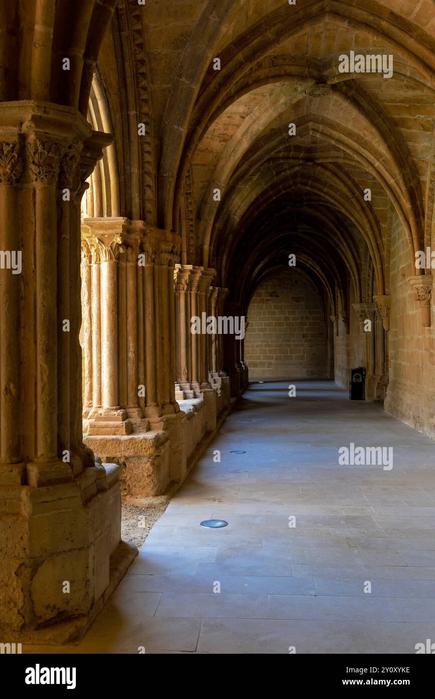 A long, narrow hallway with arched ceilings and pillars. The light is ...