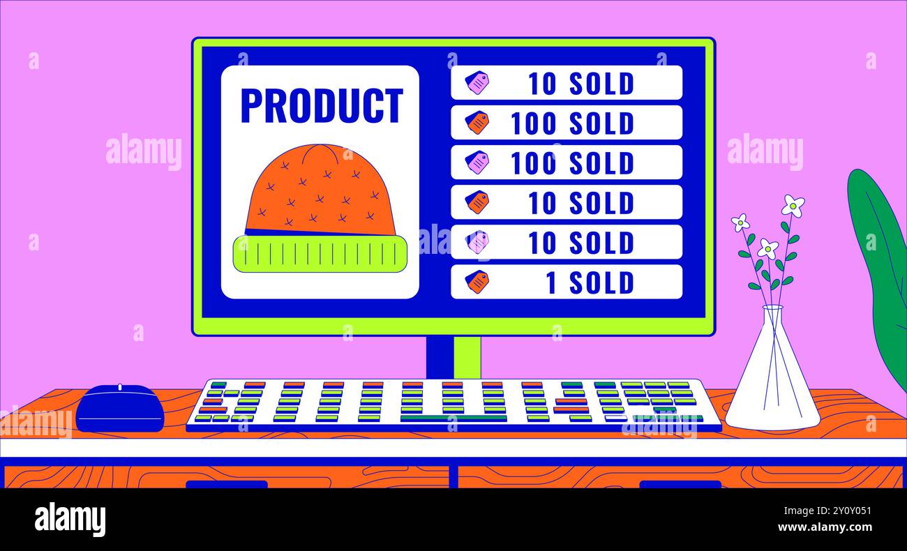 Warm hats selling analytics on pc monitor 2D linear illustration ...