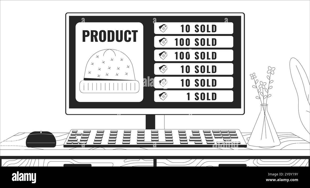 Warm hats selling analytics on pc monitor black and white 2D ...