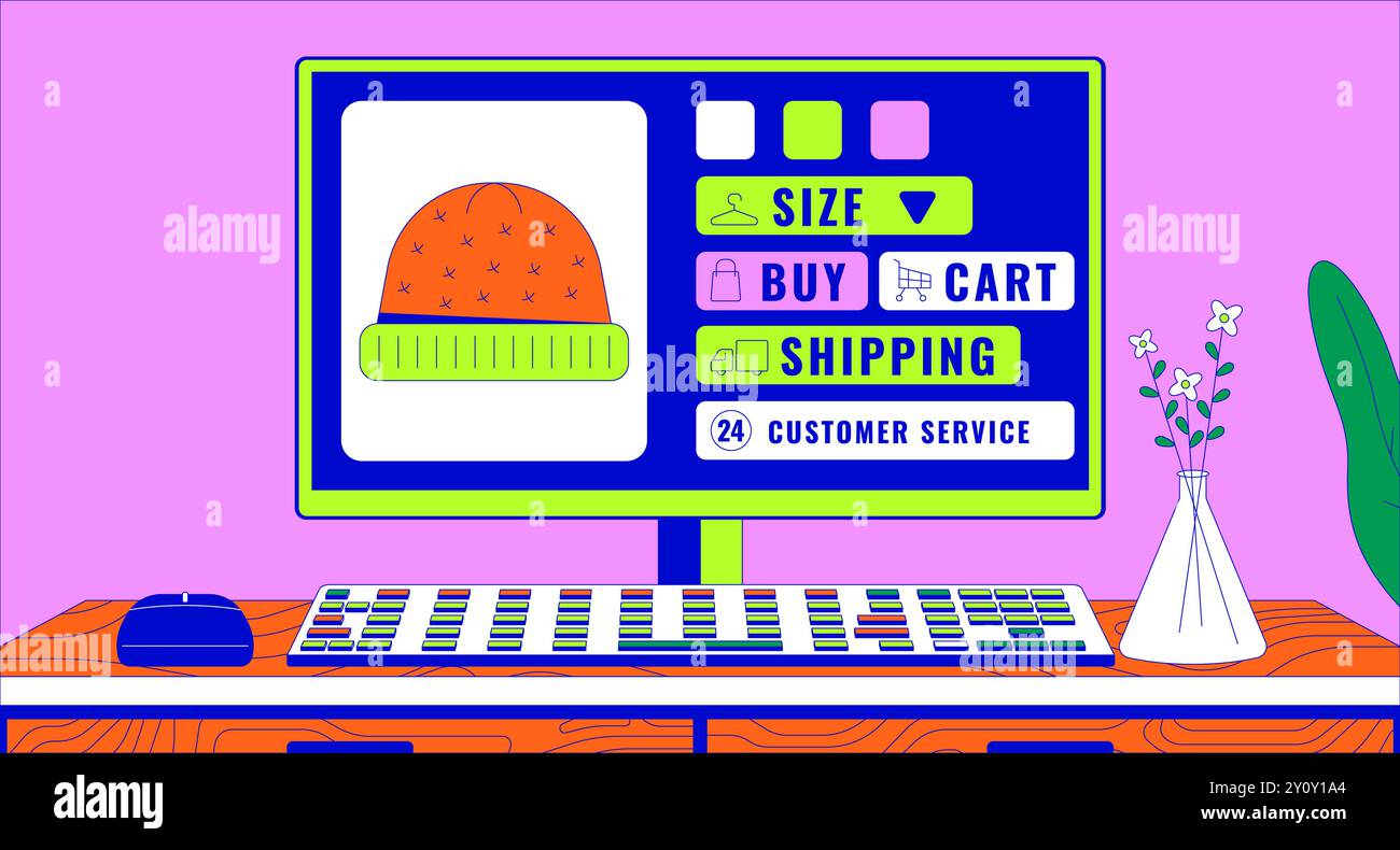 Knitted hats selling web site open on computer 2D linear illustration ...