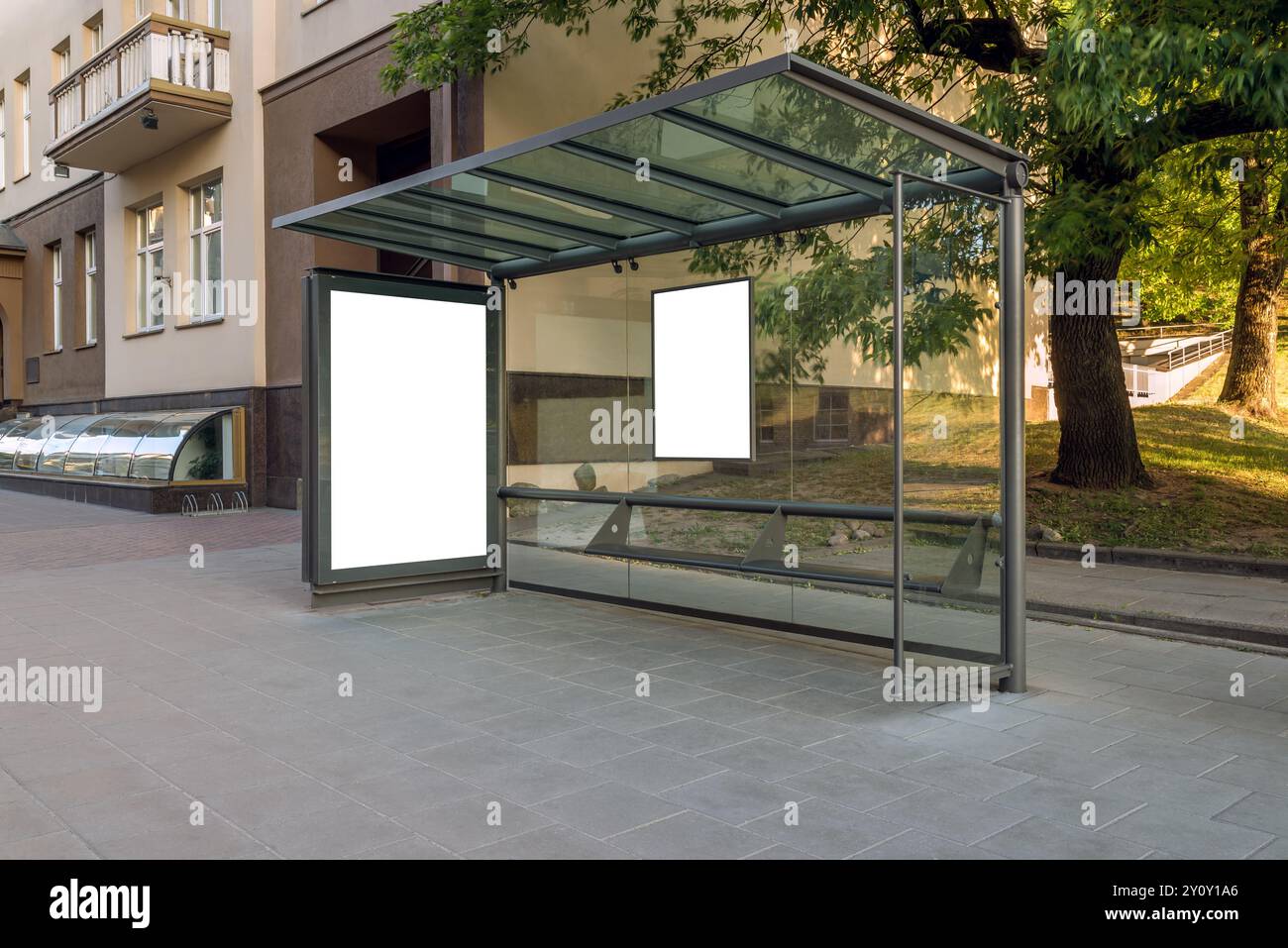 Bus Stop Mockup With Blank Billboard On The Sidewalk. Empty Advertising ...