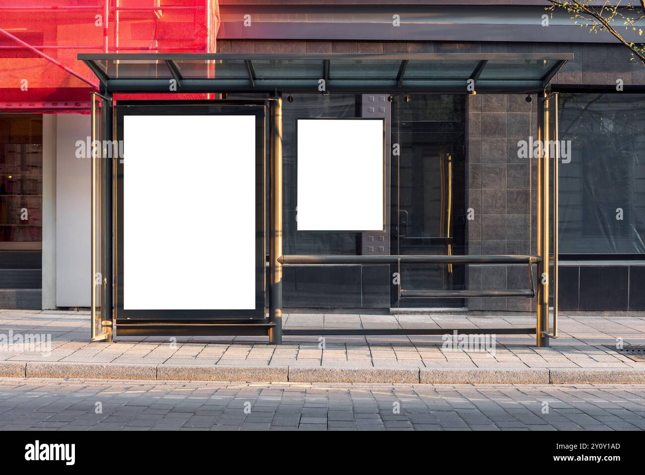 Mockup Of Empty Bus Stop Billboard In Front Of Shop. Two Blank Outdoor ...