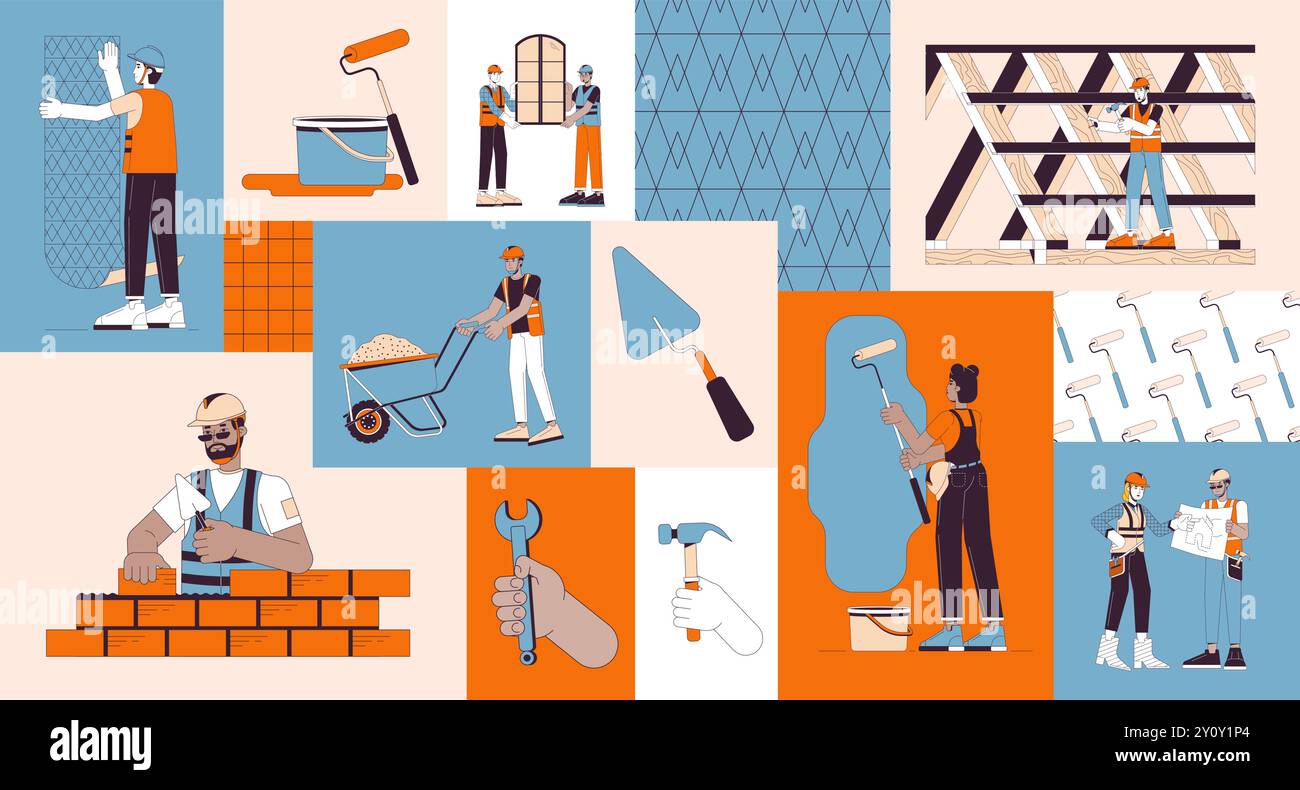Diverse builders contractors bento grid illustration set Stock Vector ...