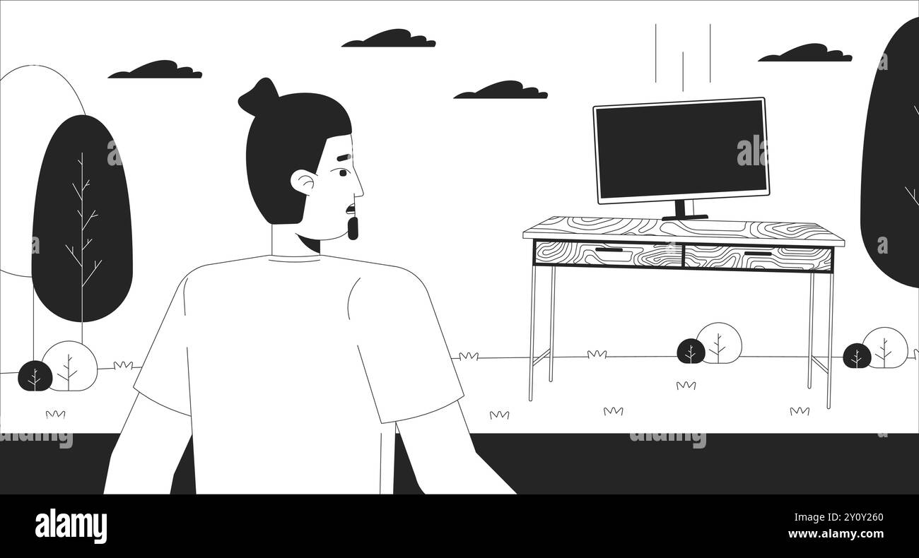 Confused european man looking at computer desk appearing in park black ...