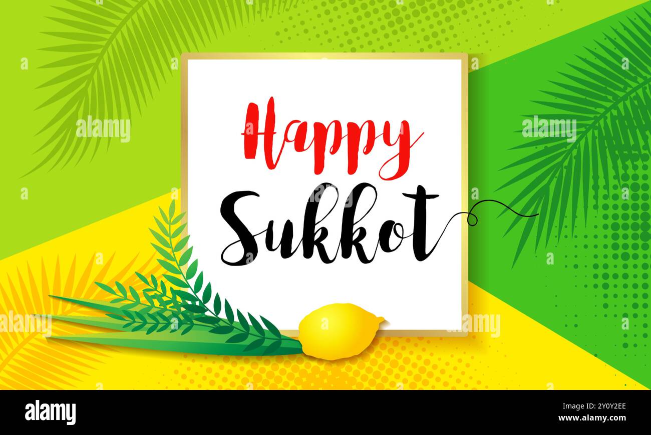 Happy Sukkot greeting card with etrog, lulav, palm leaf and geometric ...