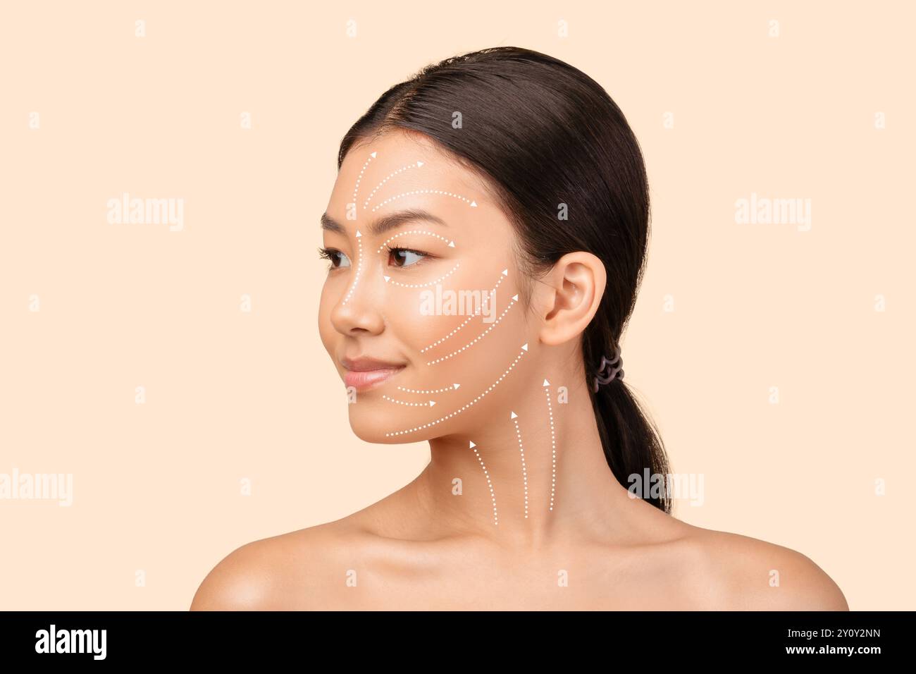 Asian Woman's Face Portrait With Lifting Arrows On White Background ...